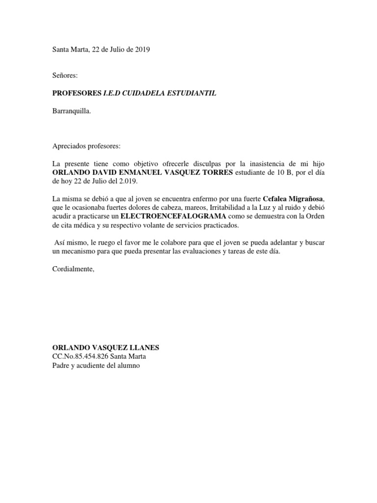Carta de excusa por inasistencia escolar | PDF
