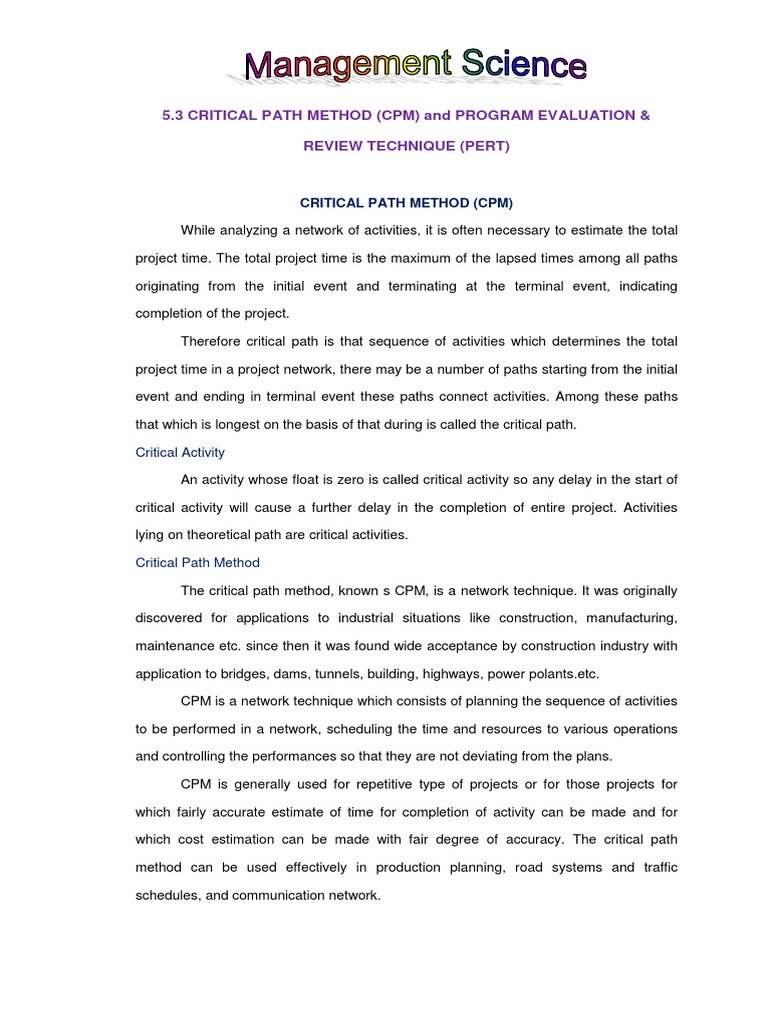 5.3 Critical Path Method (CPM) and Program Evaluation & Review Technique (Pert) | PDF | Analysis ...