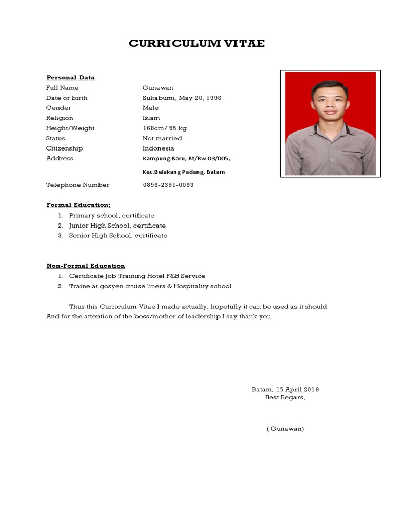 Concise Curriculum Vitae Highlighting Formal Education, Personal Details, and Hospitality ...