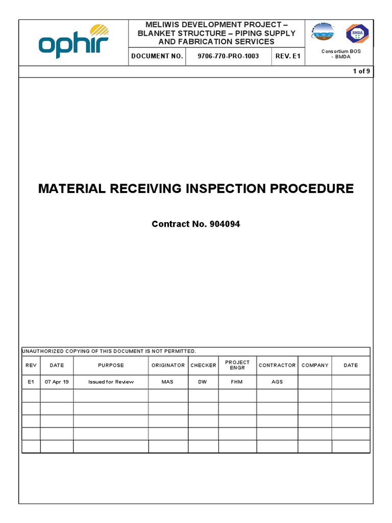 9706-770-PRO-1003 Rev E1 Material Receiving Inspection Procedure | PDF | Specification ...
