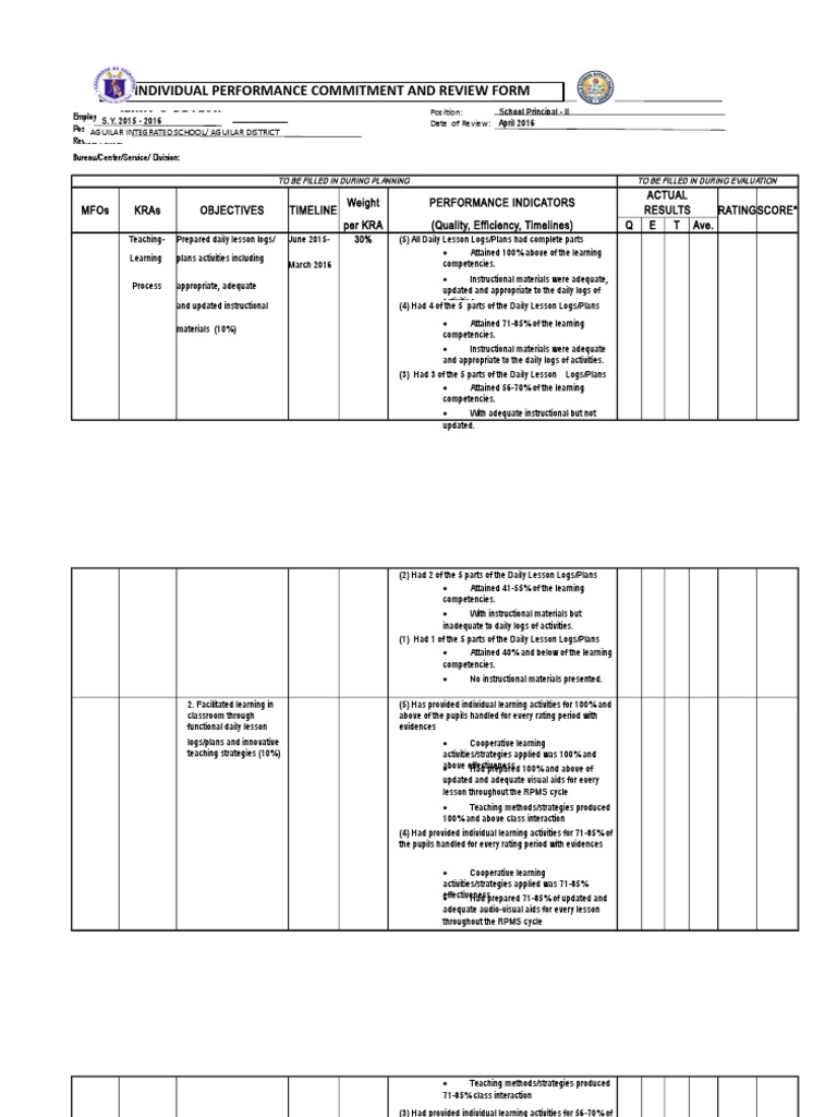 Individual Performance Commitment and Review Form | PDF | Teaching ...