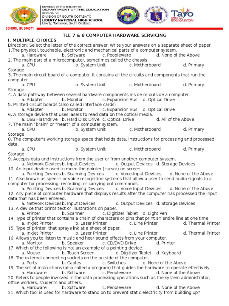 Tle 7 & 8 Computer Hardware Servicing I. Multiple Choices | PDF | Computer Hardware | Printer ...