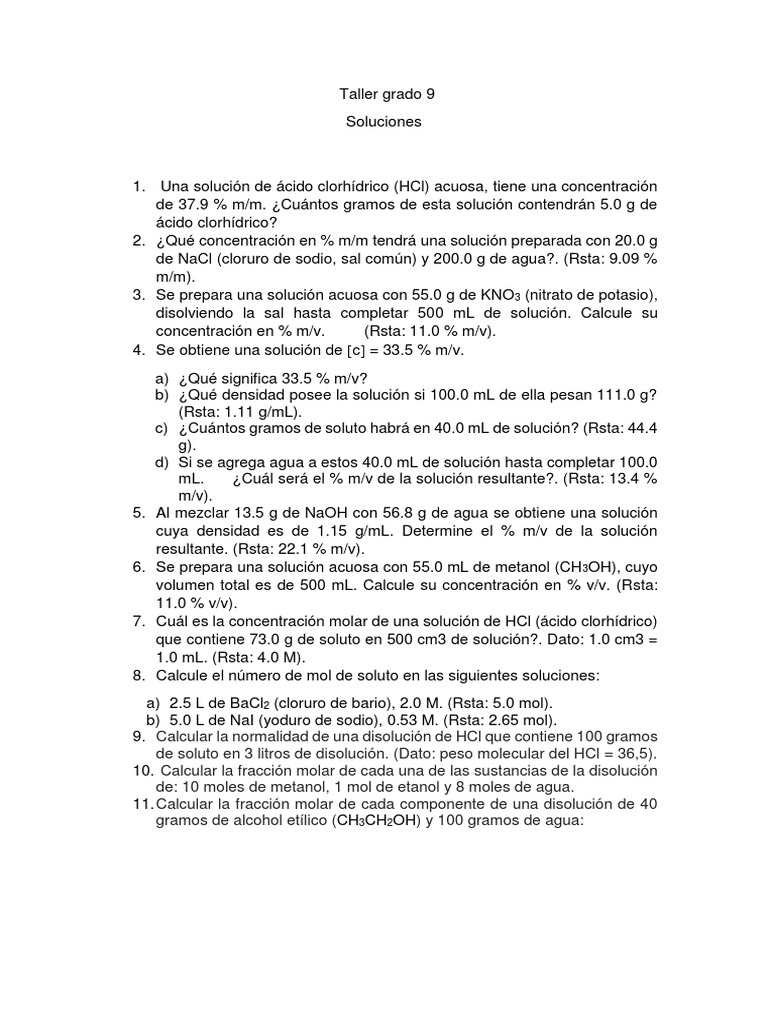 Taller Grado Ejercicios Soluciones | PDF | Concentración | Ácido clorhídrico