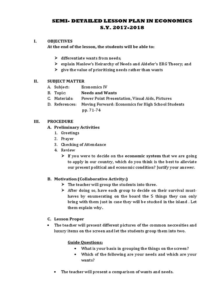 Economics Lesson on Needs vs. Wants | PDF | Psychology | Psychological ...