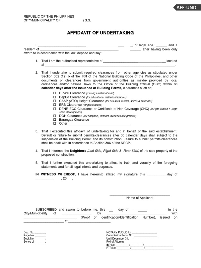 AFF-UND - Affidavit of Undertaking Template - Revised | PDF | Government Information | Government