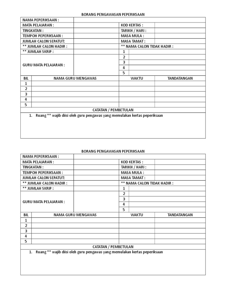 Borang Pengawasan Peperiksaan | PDF