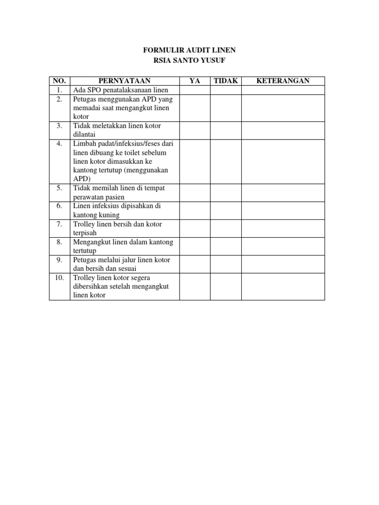 Form Audit Linen, APD, Lingkungan, Pelaksanaan Ppi | PDF