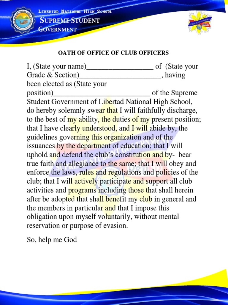 Oath of Office of Club Officers: Upreme Tudent | PDF