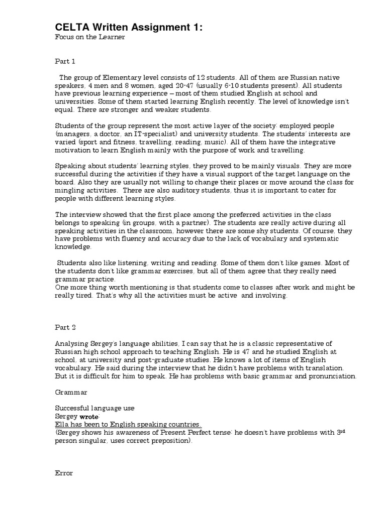 CELTA Focus On Learner Assignment 1 | PDF | English Language | Second ...