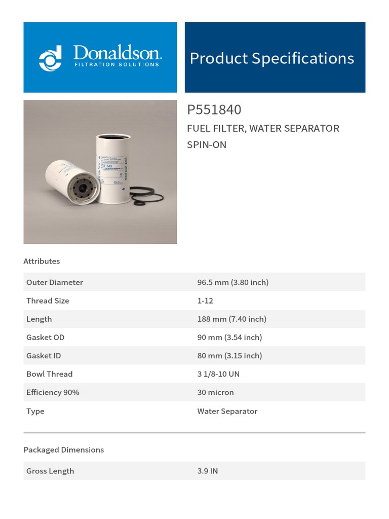 Product Specifications: Fuel Filter, Water Separator Spin-On | PDF