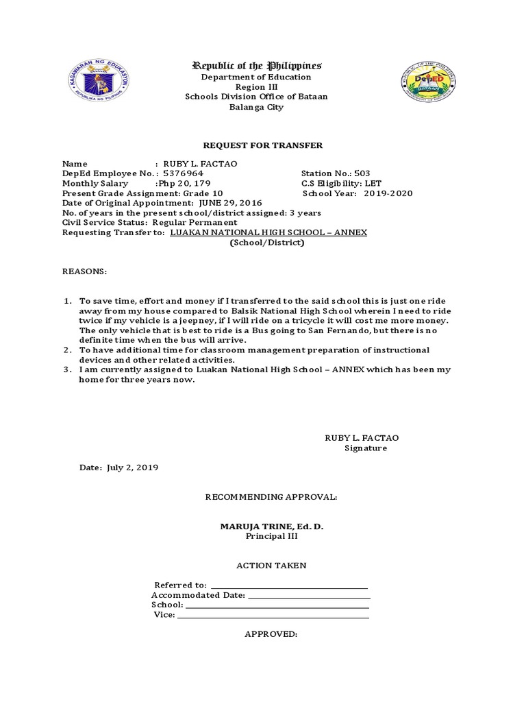 Republic of The Philippines: Request For Transfer | PDF | Teachers ...