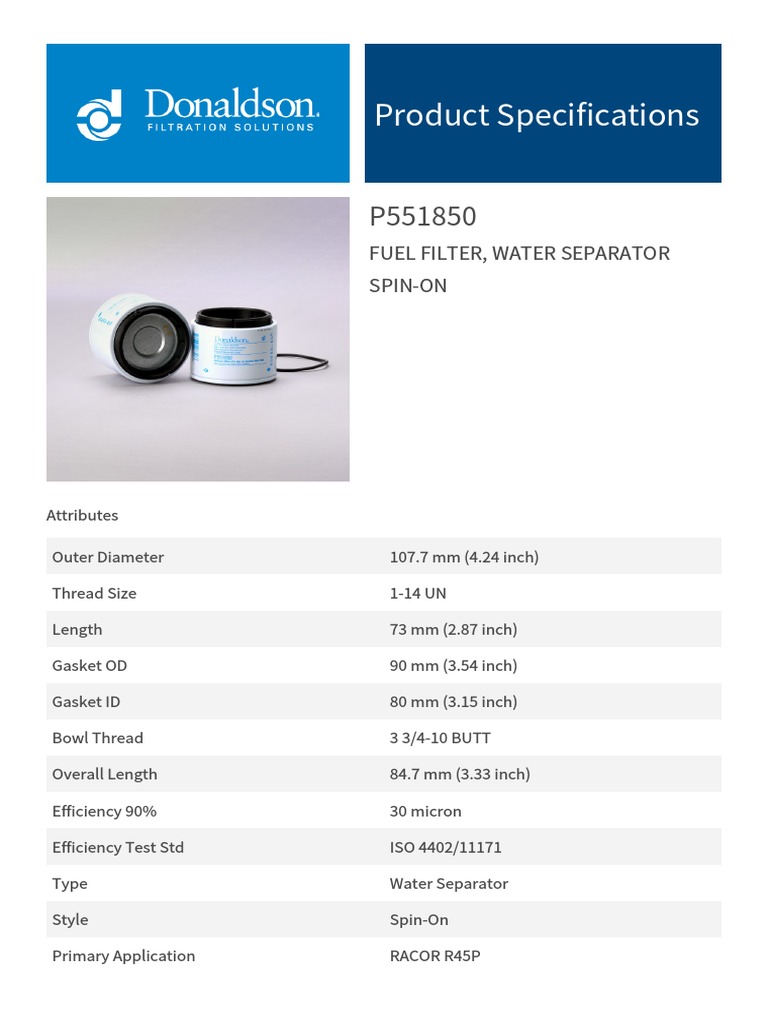 Product Specifications: Fuel Filter, Water Separator Spin-On | PDF