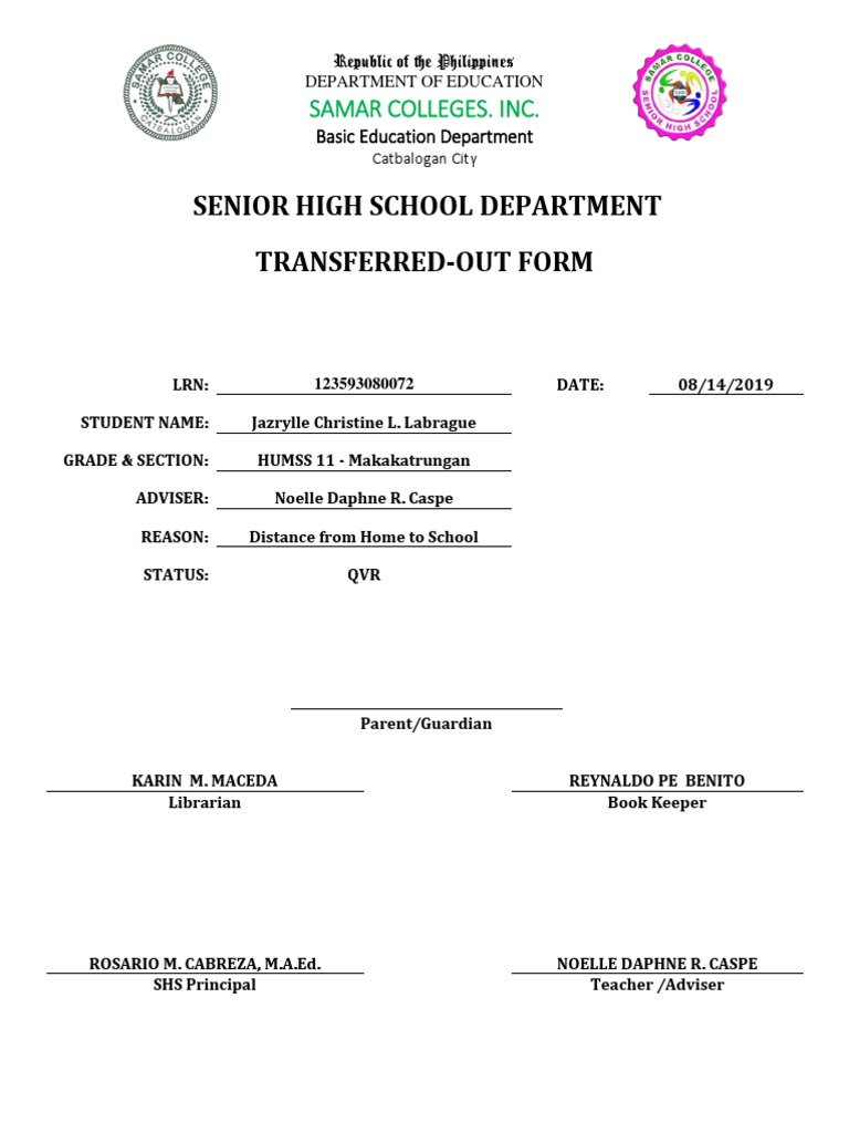 Senior High School Department Transferred-Out Form: Samar Colleges. Inc ...
