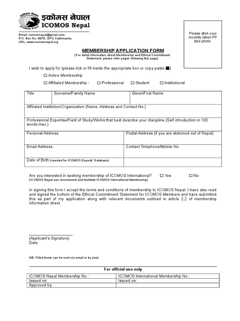 ICOMOS Nepal Membership Form (Final) | PDF | Cultural Heritage | Social ...