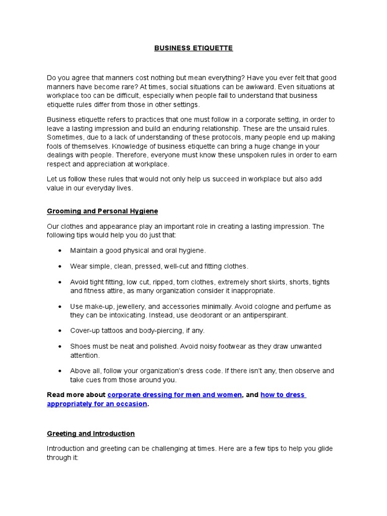 Business Etiquette | PDF | Body Language | Etiquette