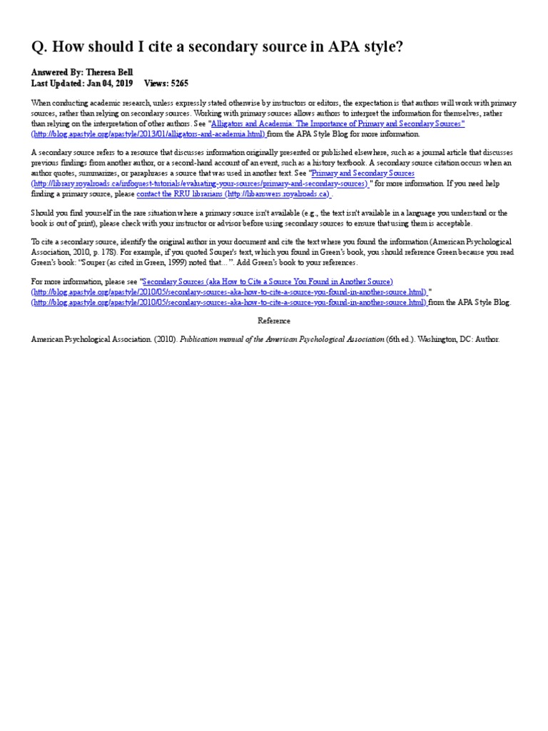 How Should I Cite A Secondary Source in APA Style - WriteAnswers | PDF ...