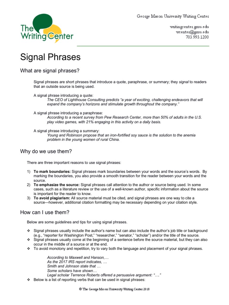 Signal Phrases | PDF | Citation | Communication