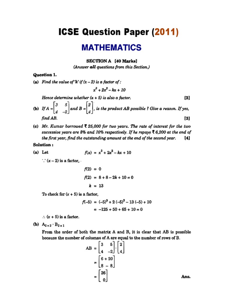 ICSE 2011 Mathematics Question Paper: Analysis of Problems on Factors ...