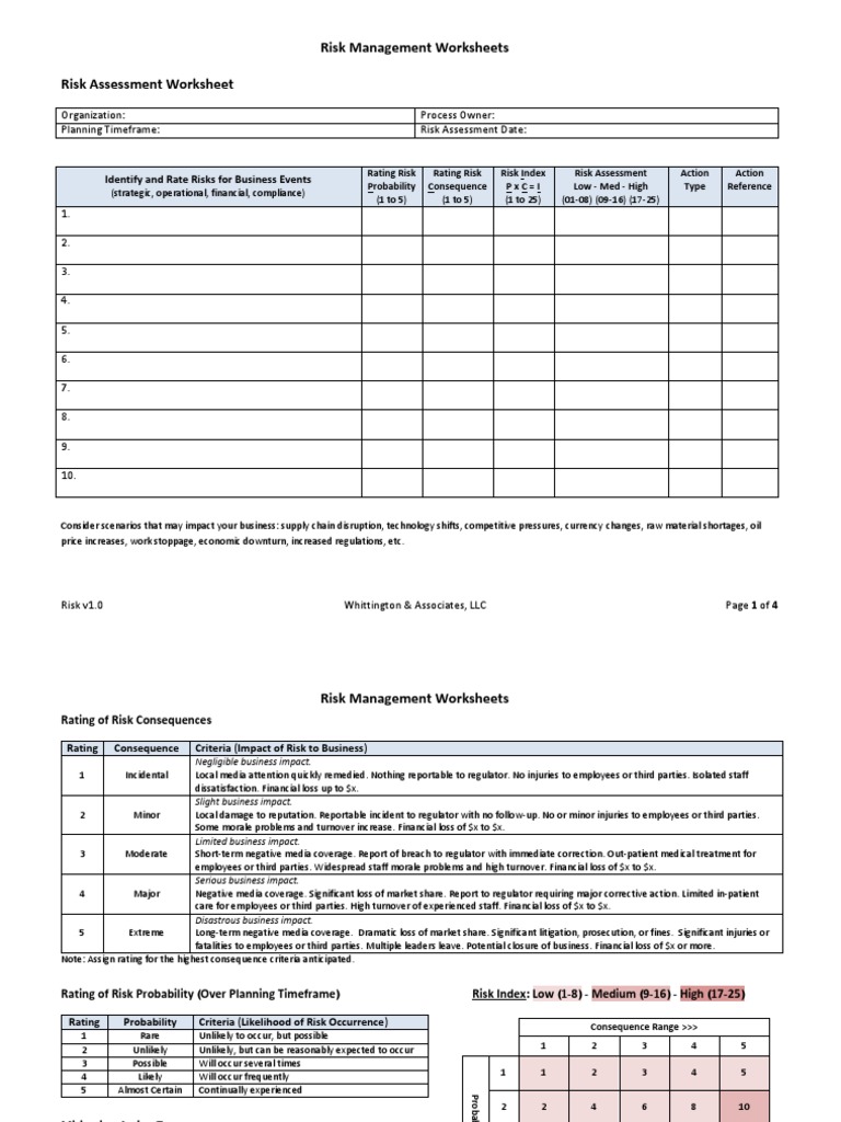 Risk Management Worksheets Risk Assessment Worksheet | PDF | Risk ...
