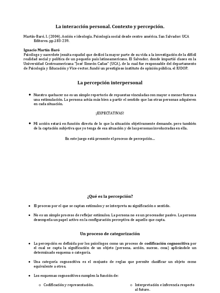 La Interacción Personal. Contextoy Percepción - Ignacio Martín-Baró | PDF