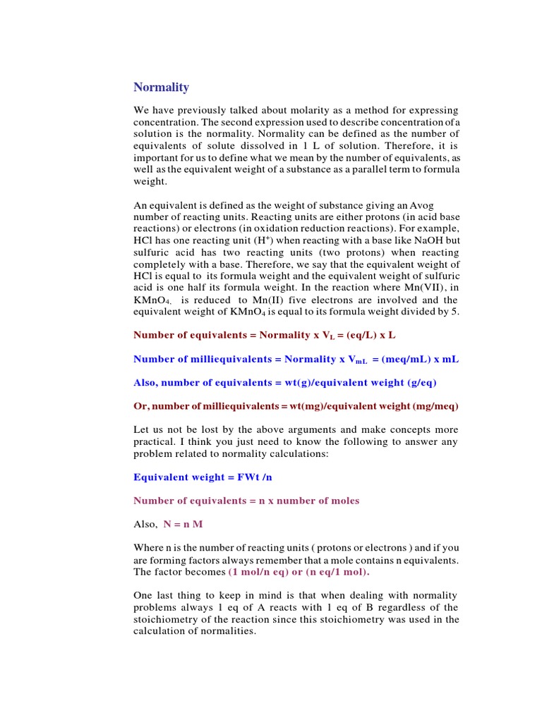 Normality: Number of Equivalents Normality X V (Eq/l) X L | PDF | Mole (Unit) | Molar Concentration