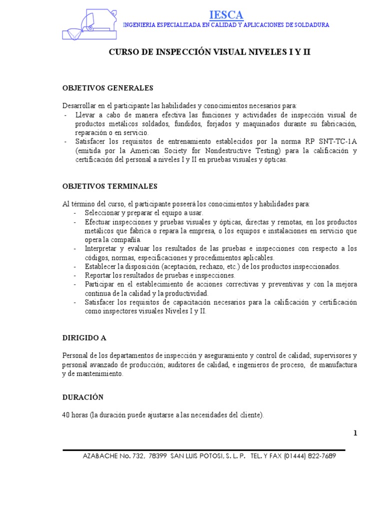 Curso General de Inspeccion Visual-N1 | PDF | Calidad (comercial ...