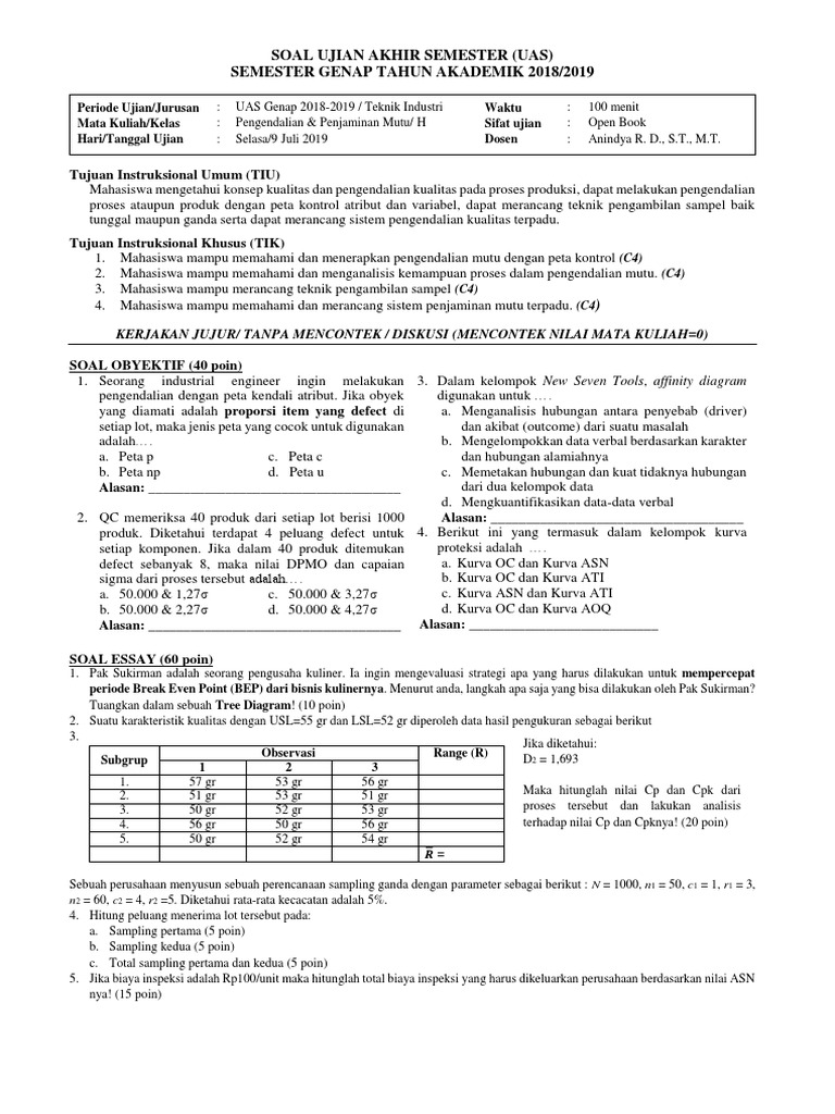 SOAL UJIAN AKHIR SEMESTER (UAS) PENGENDALIAN & PENJAMINAN MUTU | PDF