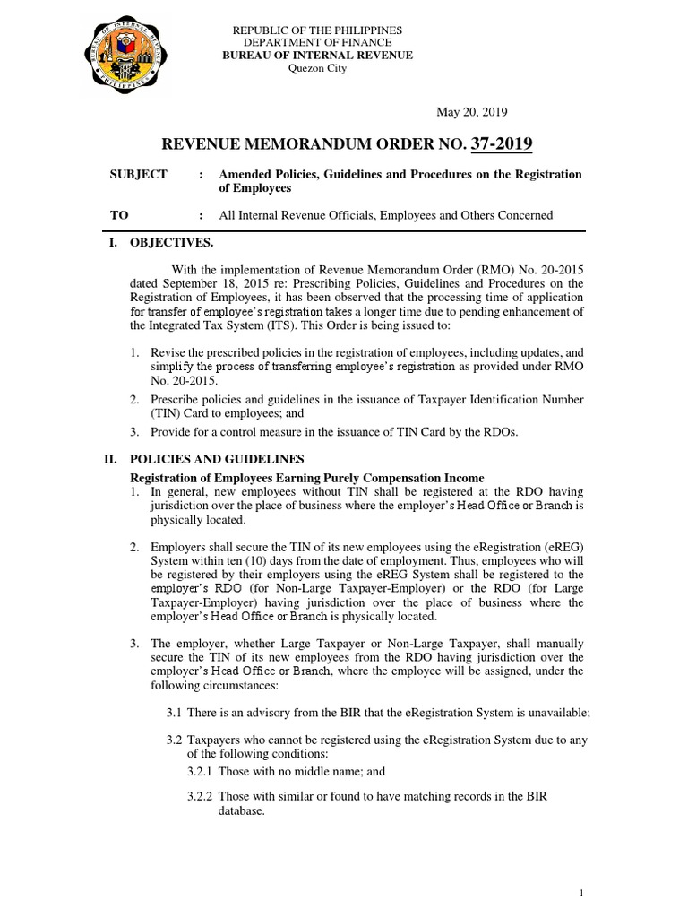 Bir Rmo No. 37-2019 | PDF | Internal Revenue Service | Employment