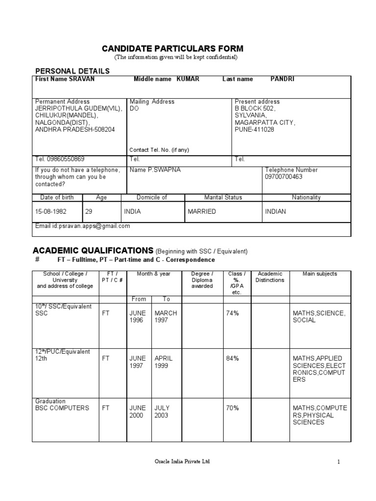 Candidate Particulars Form: Personal Details | PDF | Employee Benefits | Labour
