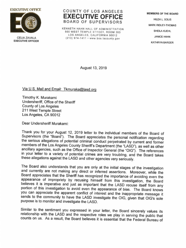 Letter To Undersheriff Tim Murakami - 081319 | PDF