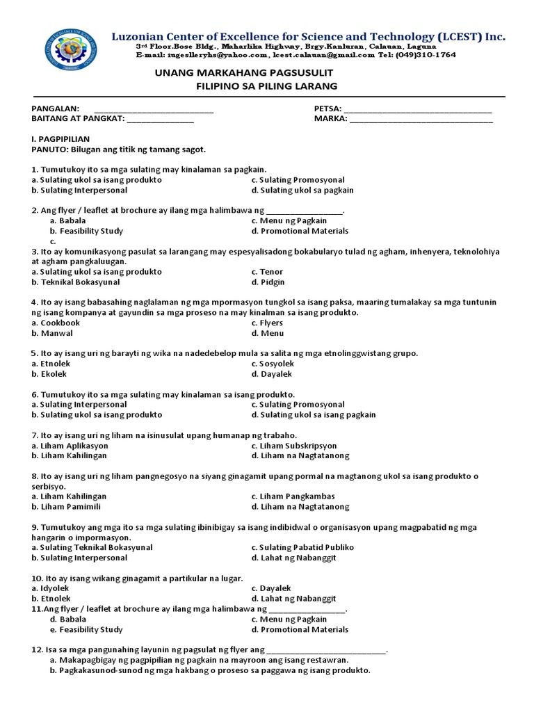 Unang Markahang Pagsusulit Sa Filipino Sa Piling Larang (1) Rebecca