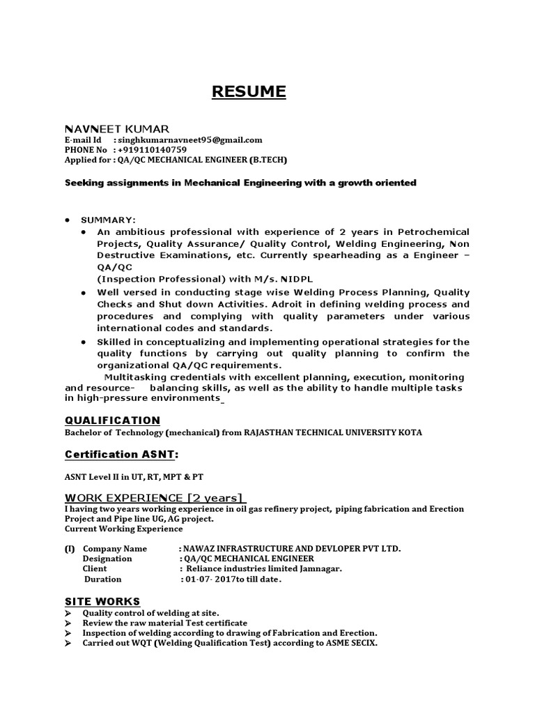 Resume: Navneet Kumar | PDF | Nondestructive Testing | Engineering