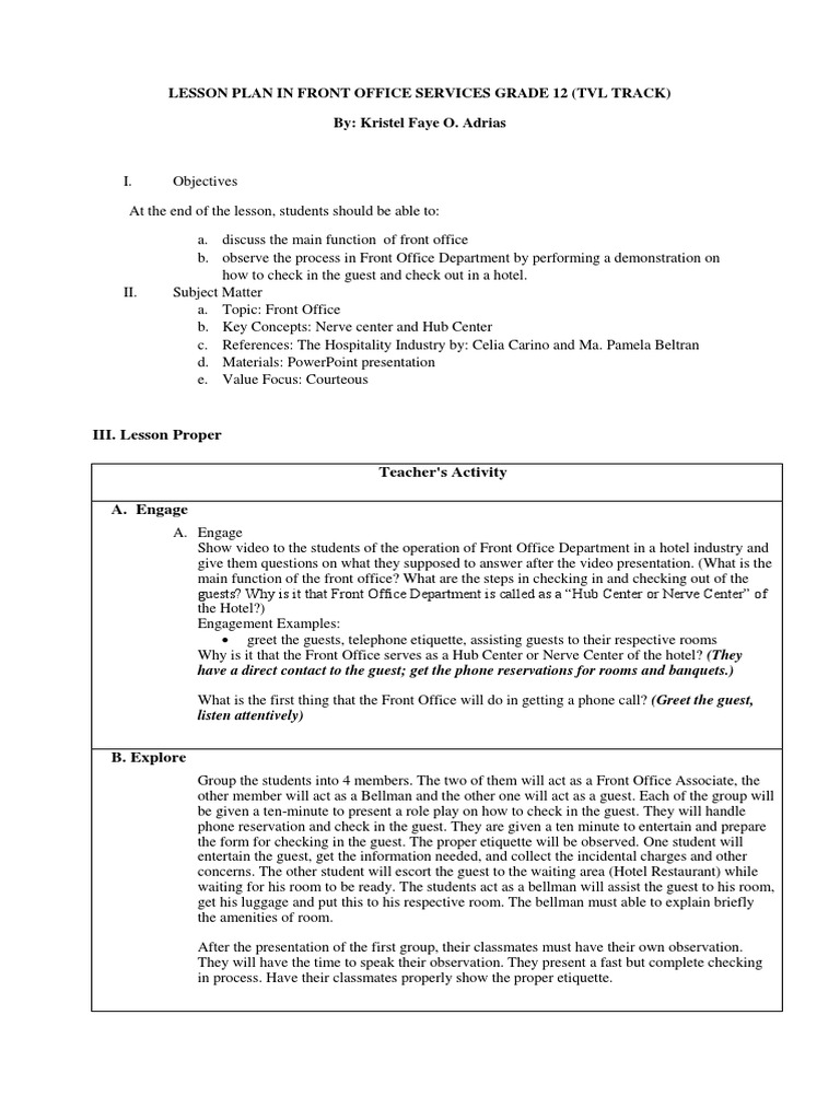 Lesson Plan in Front Office | Download Free PDF | Psychology | Behavior ...