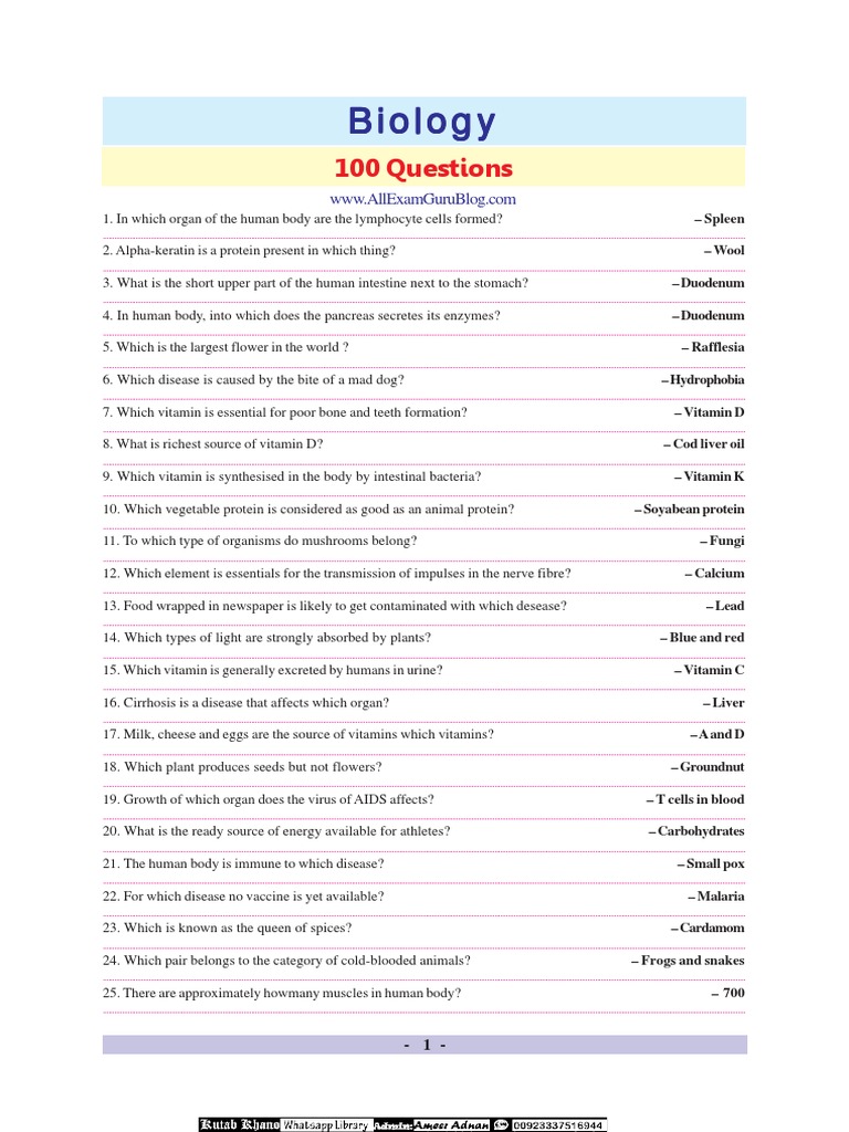 100 Biology Questions English | PDF | Human Body | Vitamin D