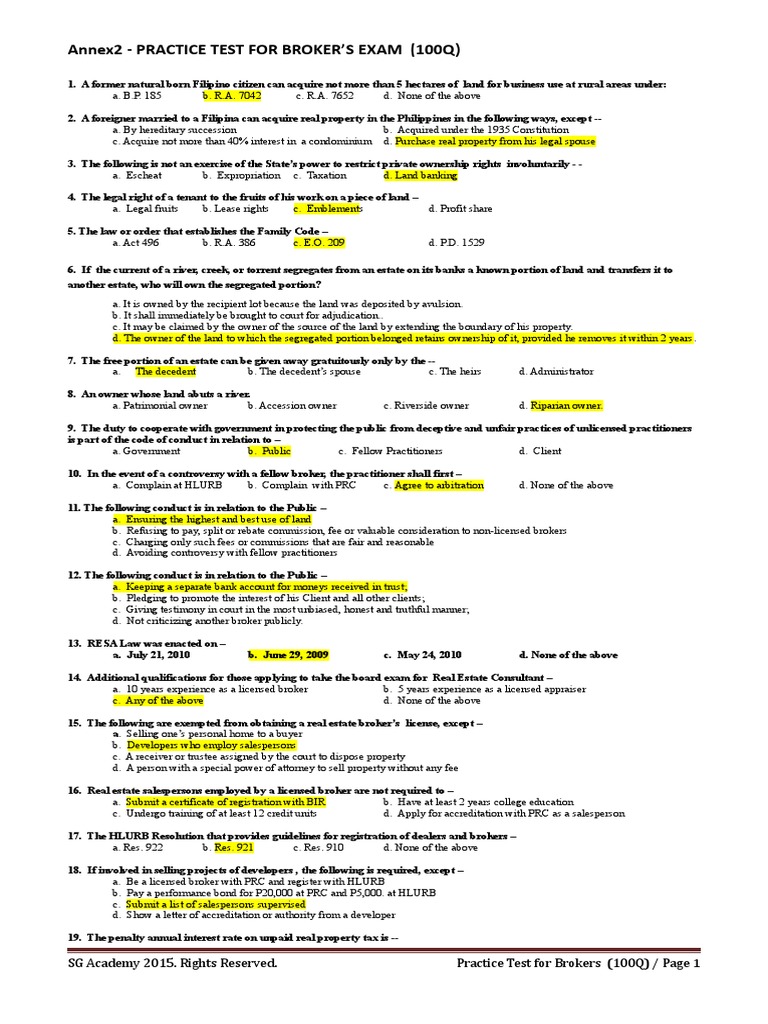 Annex2 - Practice Test For Broker'S Exam (100Q) | PDF | Real Estate ...
