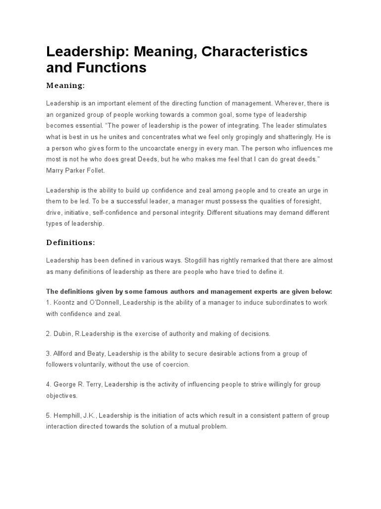 Leadership: Meaning, Characteristics and Functions | PDF | Leadership ...