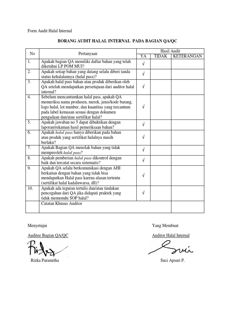 Form Audit Halal Internal | PDF