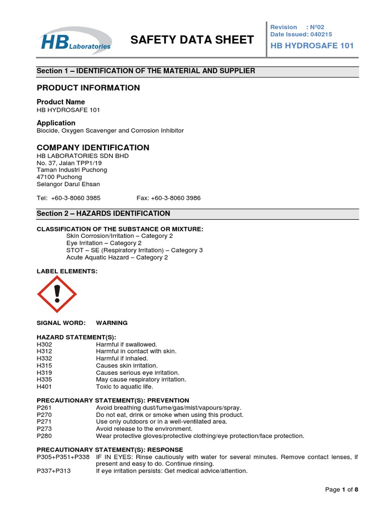 MSDS HB Hydrosafe 101 | PDF | Sulfur Dioxide | Toxicity