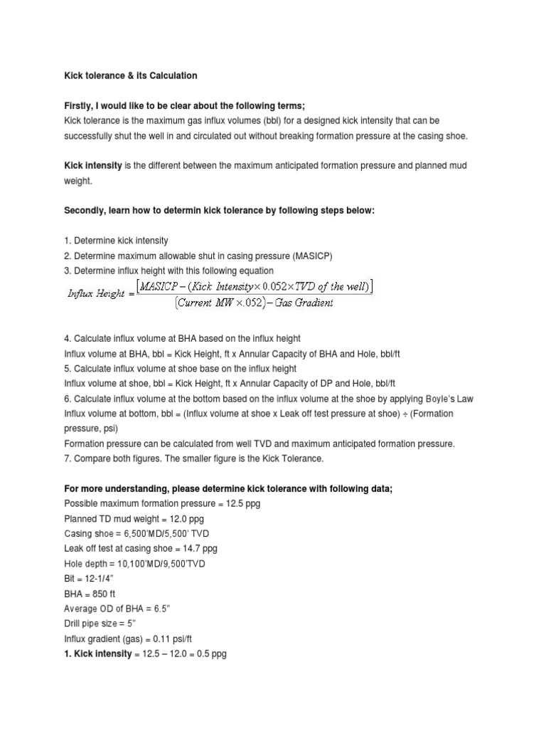 Kick Tolerance & Its Calculation | Download Free PDF | Volume | Pressure