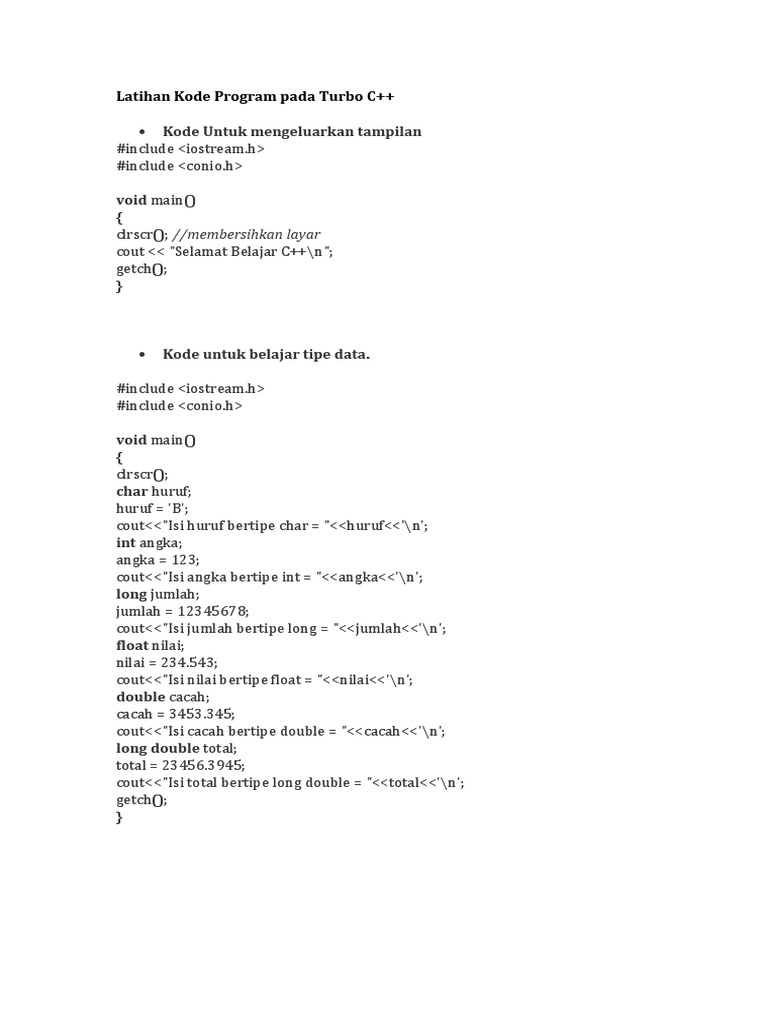 Latihan Kode Program Pada Turbo C++ | PDF | Metode & Bahan Ajar