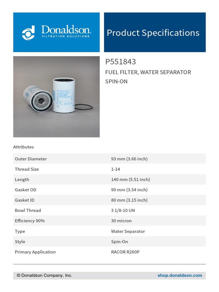 Product Specifications: Fuel Filter, Water Separator Spin-On | PDF ...