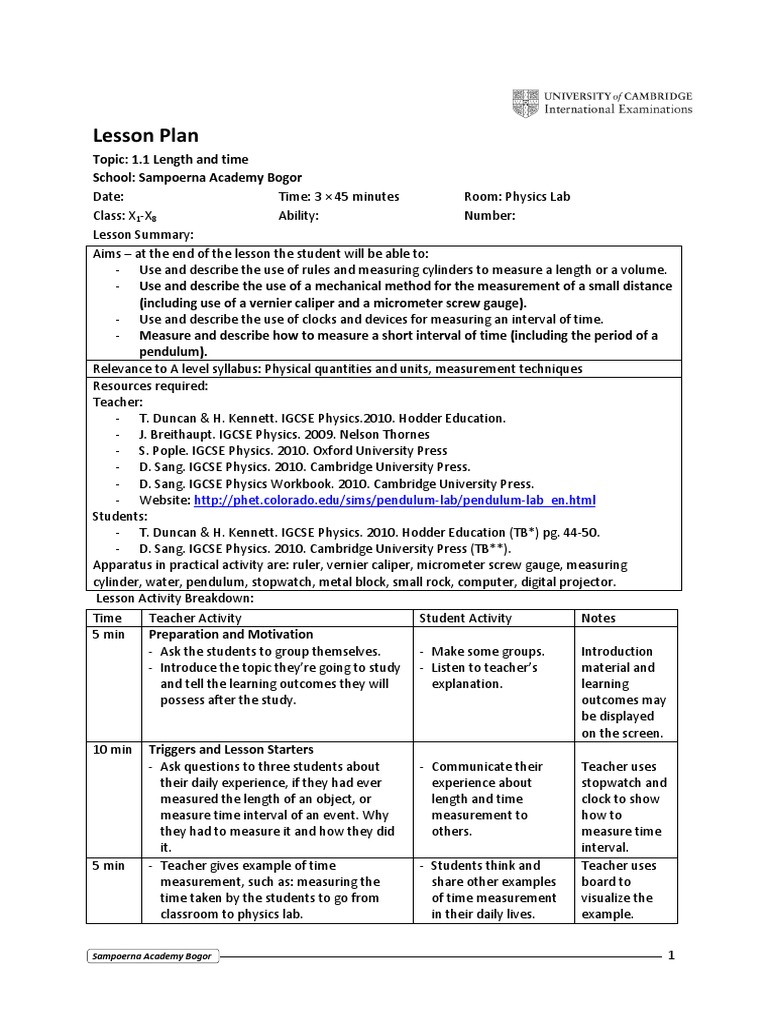 IGCSE Physics Lesson Plan | PDF | Time | Teaching Mathematics