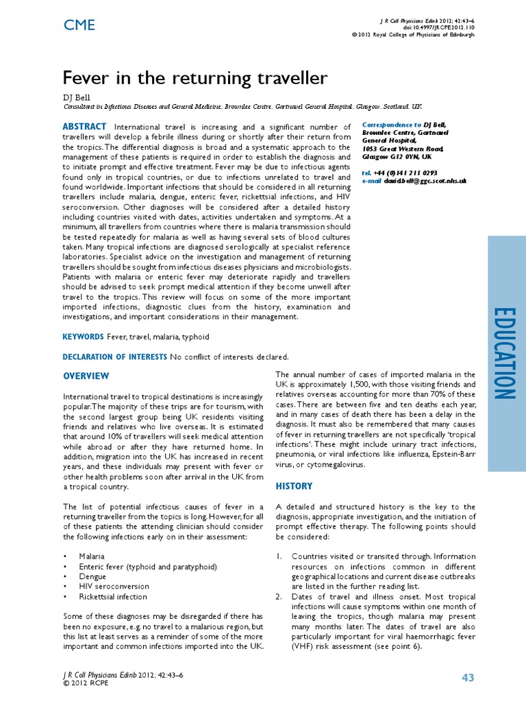 Fever in The Returning Traveller | PDF | Malaria | Infection