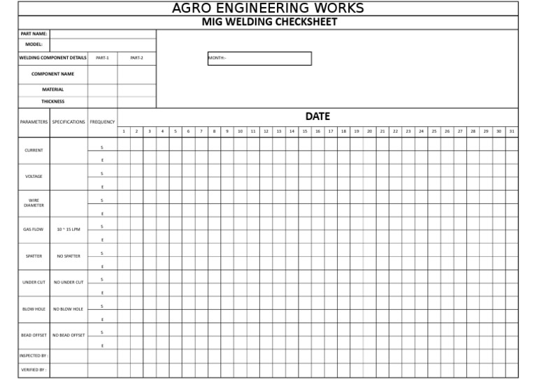 Mig Welding Checksheet: Part Name: Model: Welding Component Details ...