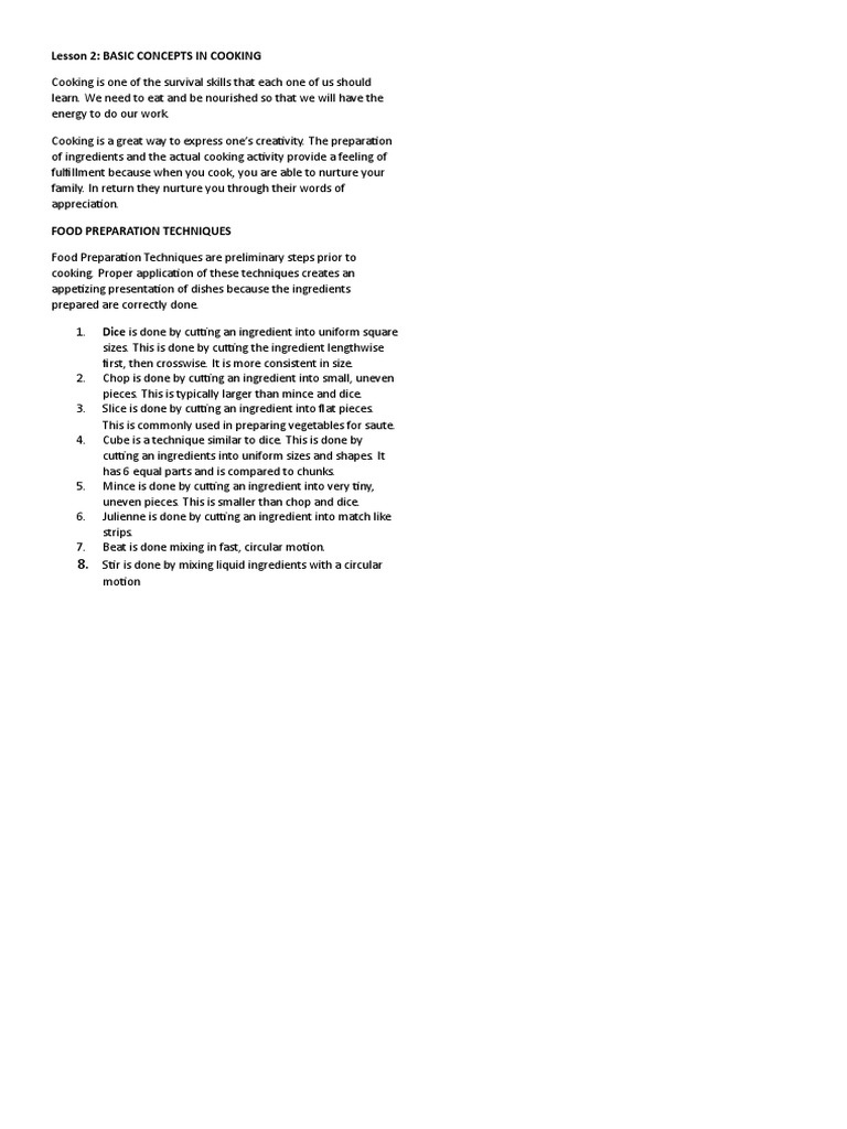 Lesson 2: Basic Concepts in Cooking | PDF