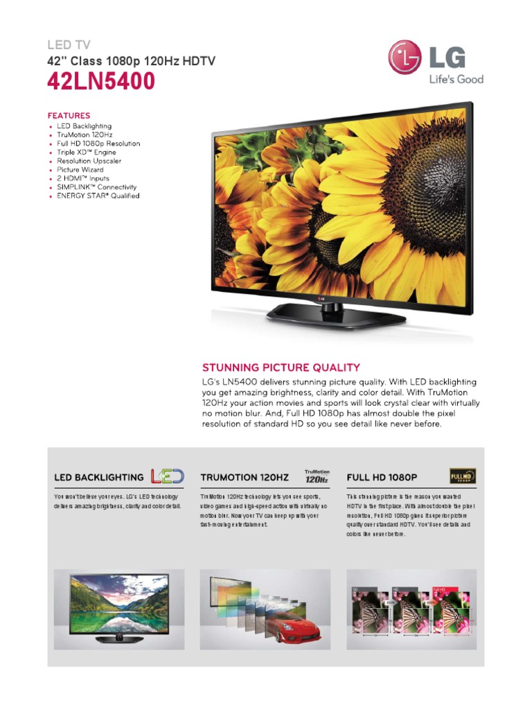 42LN5400 Spec Sheet TV LG 42 Inch PDF | PDF | High Definition ...