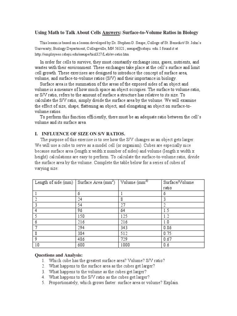 Using Math To Talk About Cells Answers: Surface-to-Volume Ratios in ...