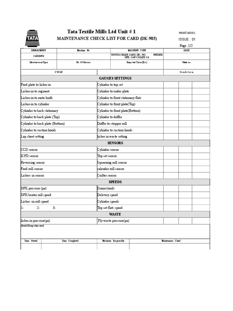 MANT Maintenance Check List For Draw Frames RSB-D30, Issue 1 | PDF ...