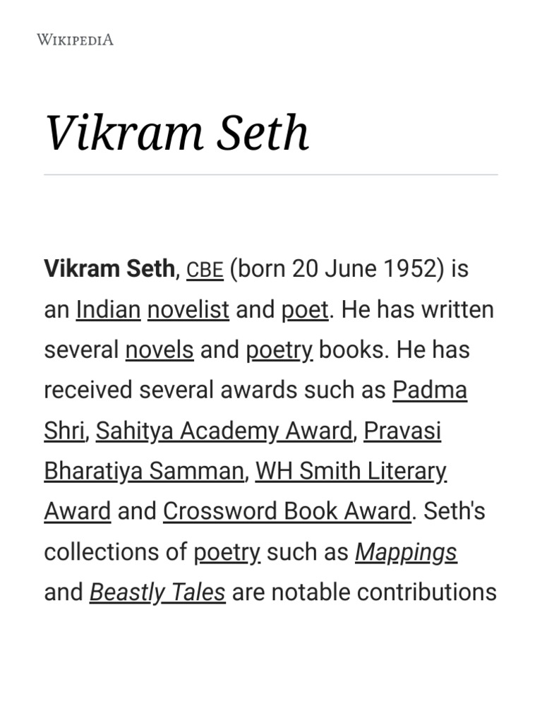 Vikram Seth - Wikipedia | Poetry | Books | Free 30-day Trial | Scribd