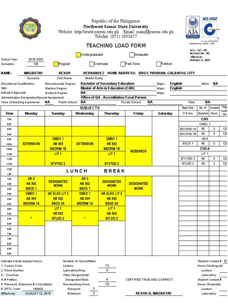 Teaching Load Iso Aja Aca QF 05 | PDF | Academic Degree | Bachelor's Degree